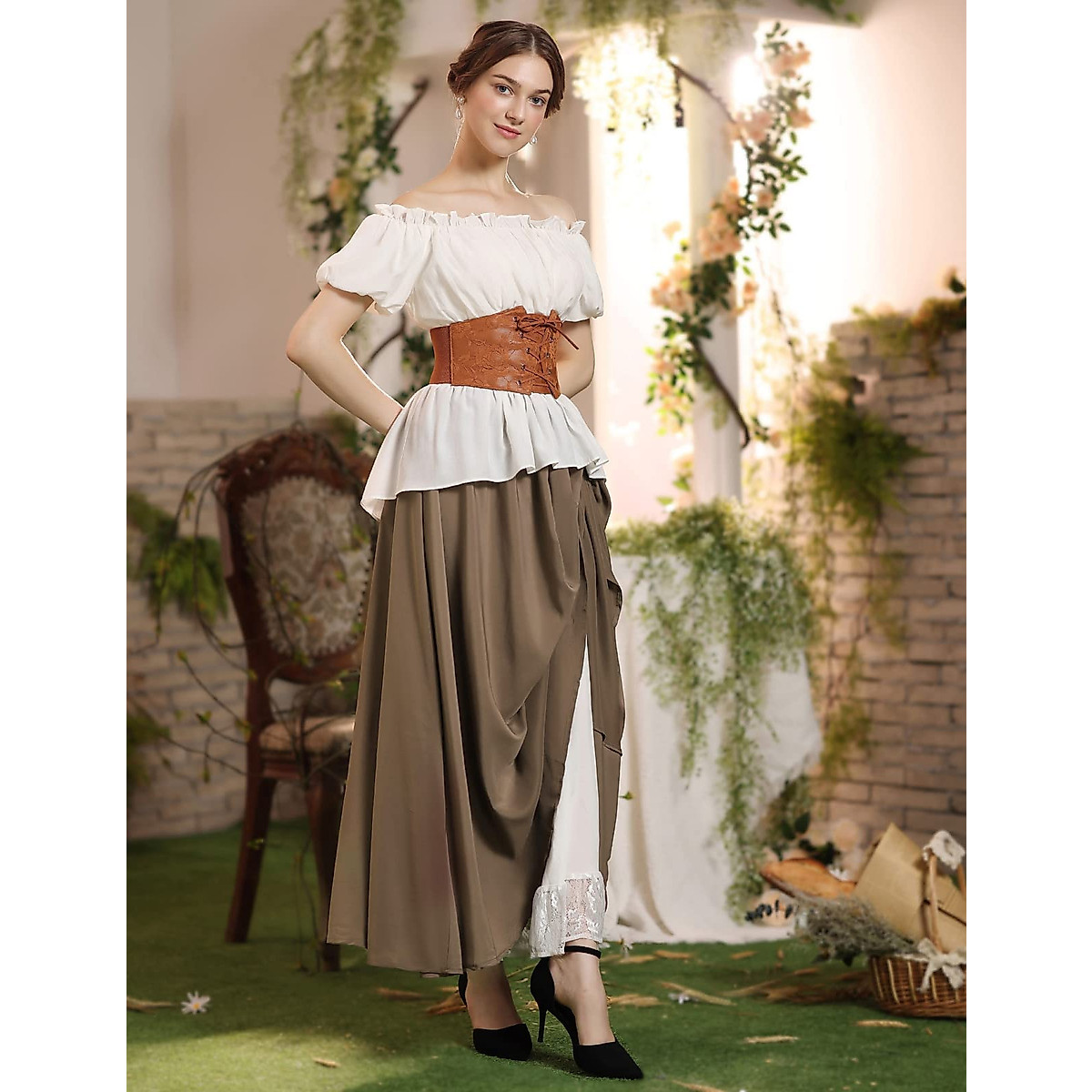 Scarlet Darkness Womens Maxi Skirt Victorian Renaissance High Waisted Double Layer Skirts Brown S