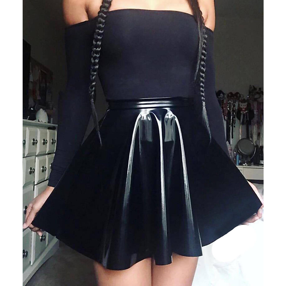 SEMATOMALA Women&#039;s PVC PU Leather Short Skater Skirt Black Latex Wet Look Shiny Pleated Flared A Line Mini Skirt Clubwear(BL,XL)