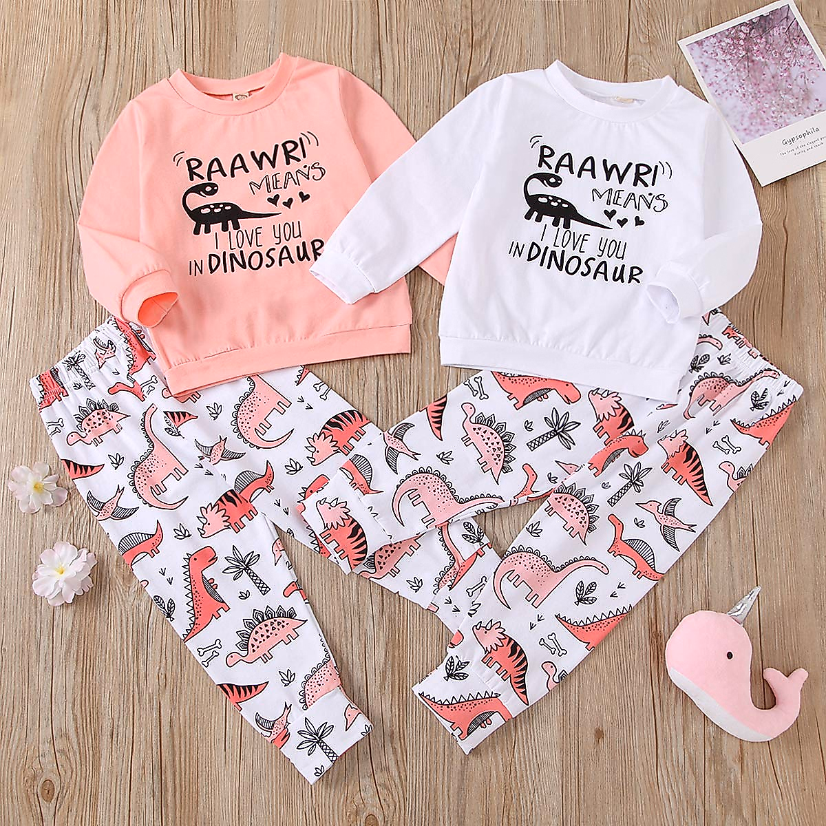 BOUTIKOME Toddler Baby Girls Clothes Sets Little Girl Dinosaur Long Sleeve Shirts Tops + Pants 2pcs Fall Winter Outfits(Pink,3T)