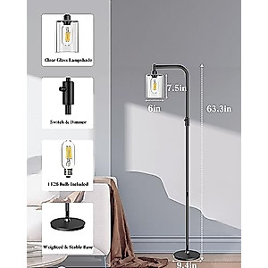 bulbeats 63IN Dimmable (Brightness Adjustable) Industrial Floor Lamp, Black Modern Standing Lamps with Clear Glass Lampshade, E26 LED Bulb Included, Farmhouse Floor Lamp for Living Room Bedroom