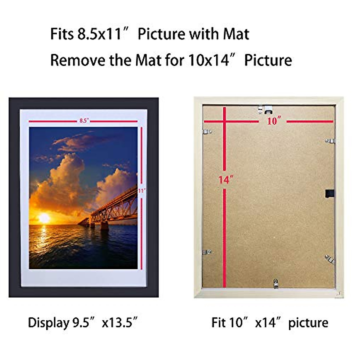 TeinJin 10x14 Picture Frames Made of Solid Wood Display 8.5x11 with Mat or 9.5x13.5 without Mat Diamond Painting Frame Wall Hanging or TableTop(Black)
