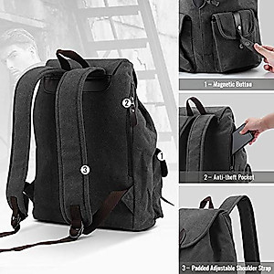 JOSEKO Large Vintage Canvas Leather Backpack Hiking Daypacks Computers Laptop Backpacks Unisex Casual Anti-theft Rucksack Satchel Bookbag Military Mountaineering Bag for Men Women Black