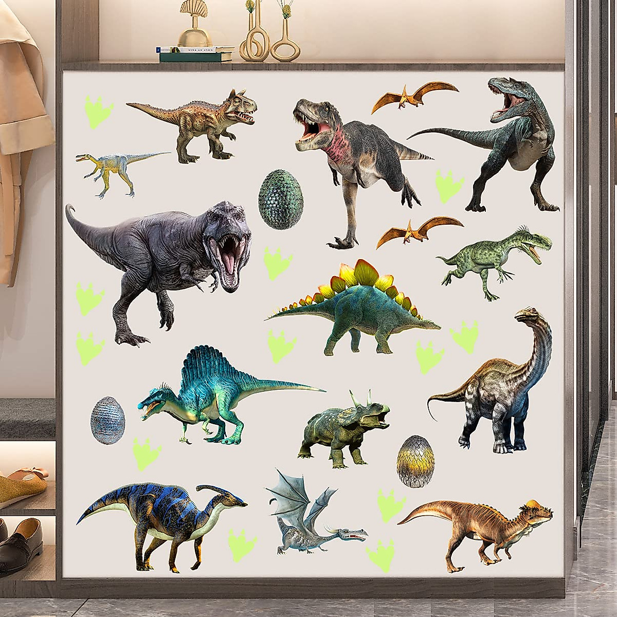 Dinosaurs Wall Decals Glow in The Dark Dinosaur Wall Stickers Removable Tyrannosaurus Wall Decor Dinosaur Eggs and Paw Print Wall Mural for Kids Nursery Living Room Bedroom Classroom Home Decoration