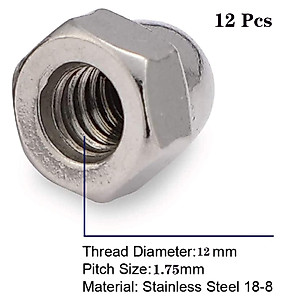 M12-1.75 Metric Acorn Cap Nuts Dome Head Nuts, 304 Stainless Steel 18-8, Plain Finish,Hex Acorn Cap,Nuts Decorative Nut Caps (12 Pcs)