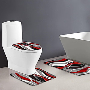 Red Black Gray White 3 Piece Bath Mat Sets,Modern Geometric Striped Line Abstract Geo Wave Simple Contemporary Bathroom Kitchen Memory Foam Rug,17.8"x29.5"Bath Mat,Toilet Seat Cover,U-Shaped Toilet