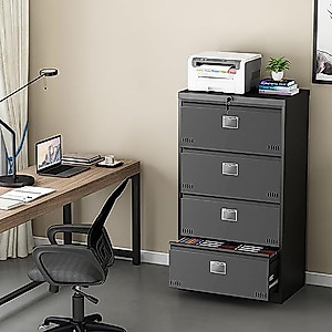 TOPKEY Lateral File Cabinet 4 Drawer Metal Filing Cabinets for Home Office, Black File Storage Cabinet with Lock for Letter/Legal A4 Size, Locking Horizontal Filing Cabinet with Card Slot