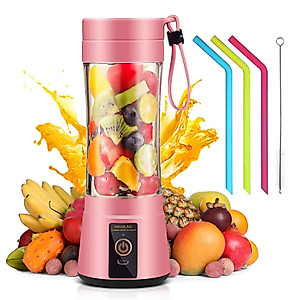 JLLOM Mini Blender Personal Portable Blender Cup for Smoothies Shakes, Portable Juicer USB Rechargeable for Travel, Small Electric Blender On The Go with Silicone Straw & Straw Cleaning Brush (Pink)