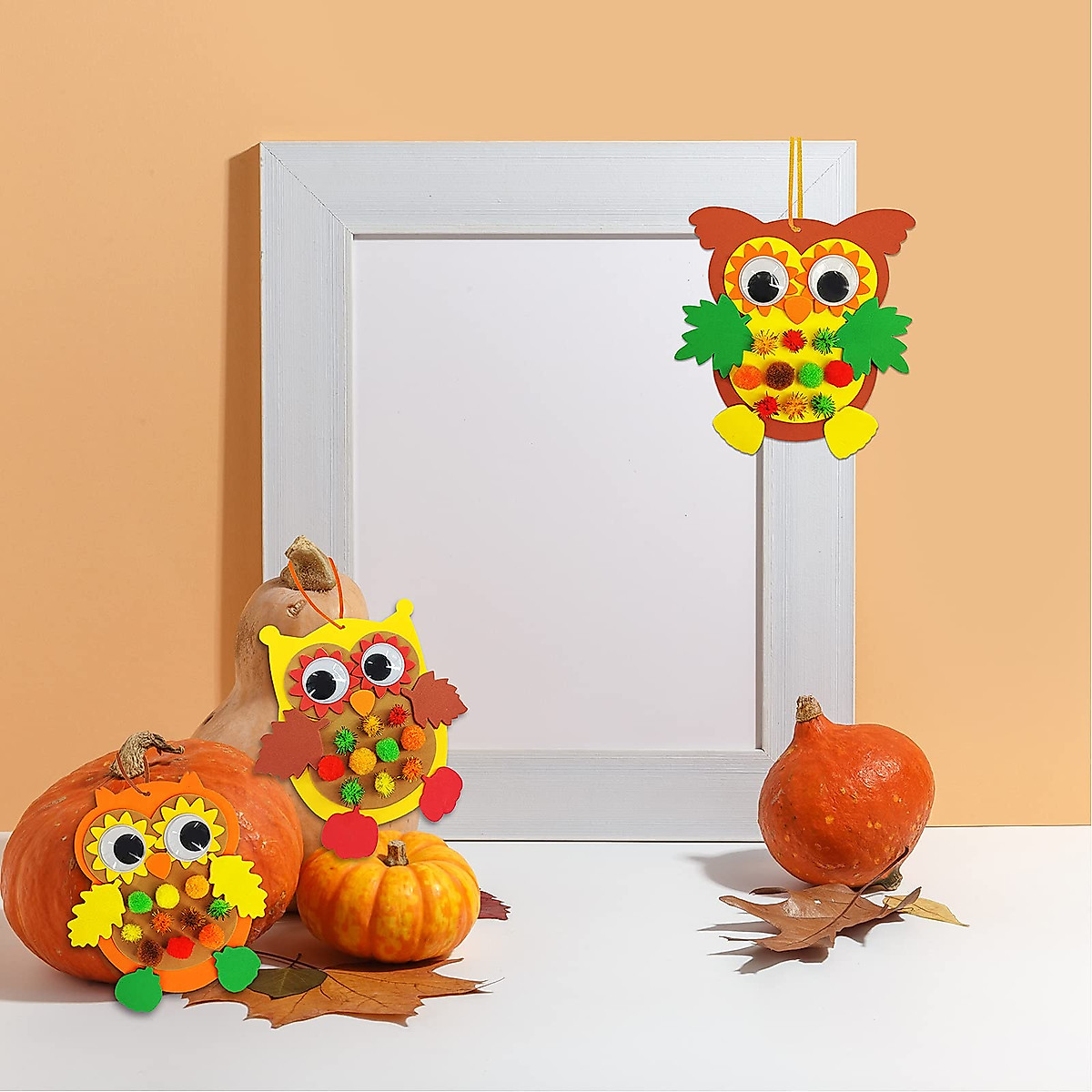 Winlyn 24 Sets Foam Owl Decorations DIY Owl Fall Craft Kit Assorted Foam Owl Shapes with Autumn Leaves Pumpkins Googly Eyes Pom-Poms for Kids Gift Halloween Thanksgiving Holiday Classroom Art Activity