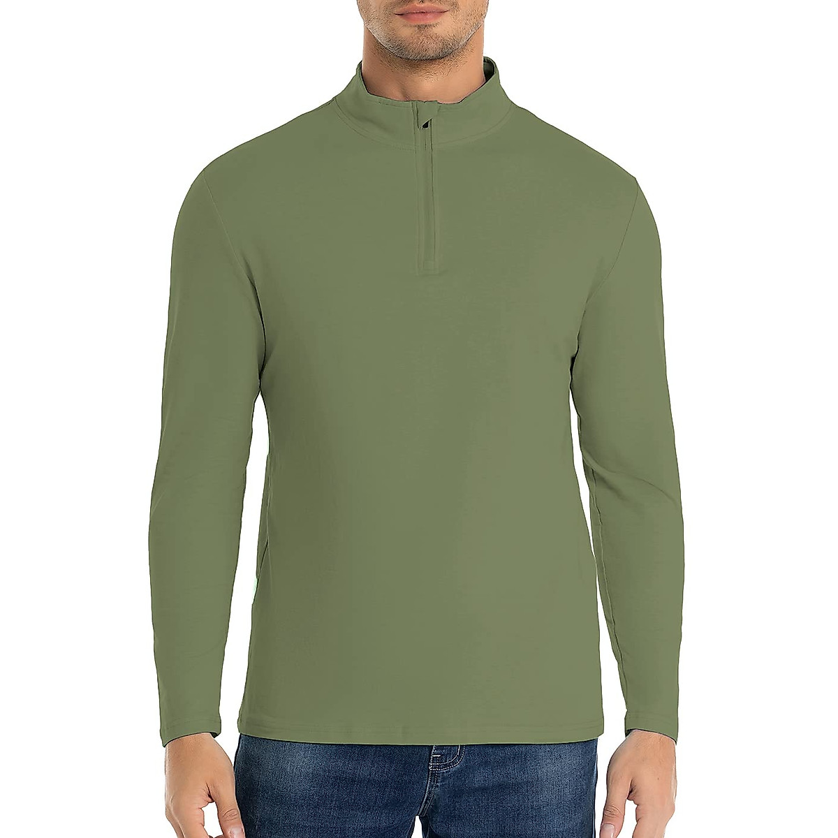 CARWORNIC Men's Long Sleeve Shirt Quarter Zip Pullover Casual Slim Fit Stretch Cotton Shirt Fashion Classic fit Basic Designed Golf Shirt Zip Up Neck Work Tee Shirts Grass Green