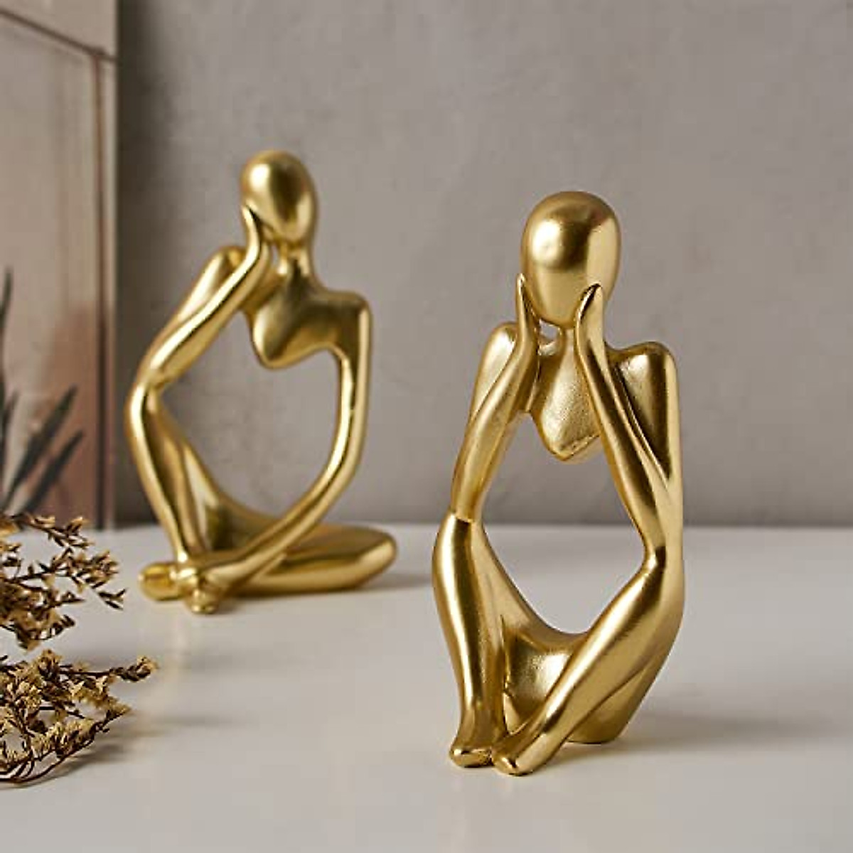 FJS Gold Decor Thinker Statue Abstract Art Sculpture, Set of 3 Golden Resin Collectible Figurines for Home Living Room Office Shelf Decoration