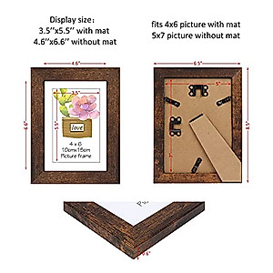 4x6 Picture Frame Set of 4, Display Photo 4x6 with Mat or 5x7 without Mat, Wooden Rustic Picture Frames for Tabletop or Wall Mounting, Brown