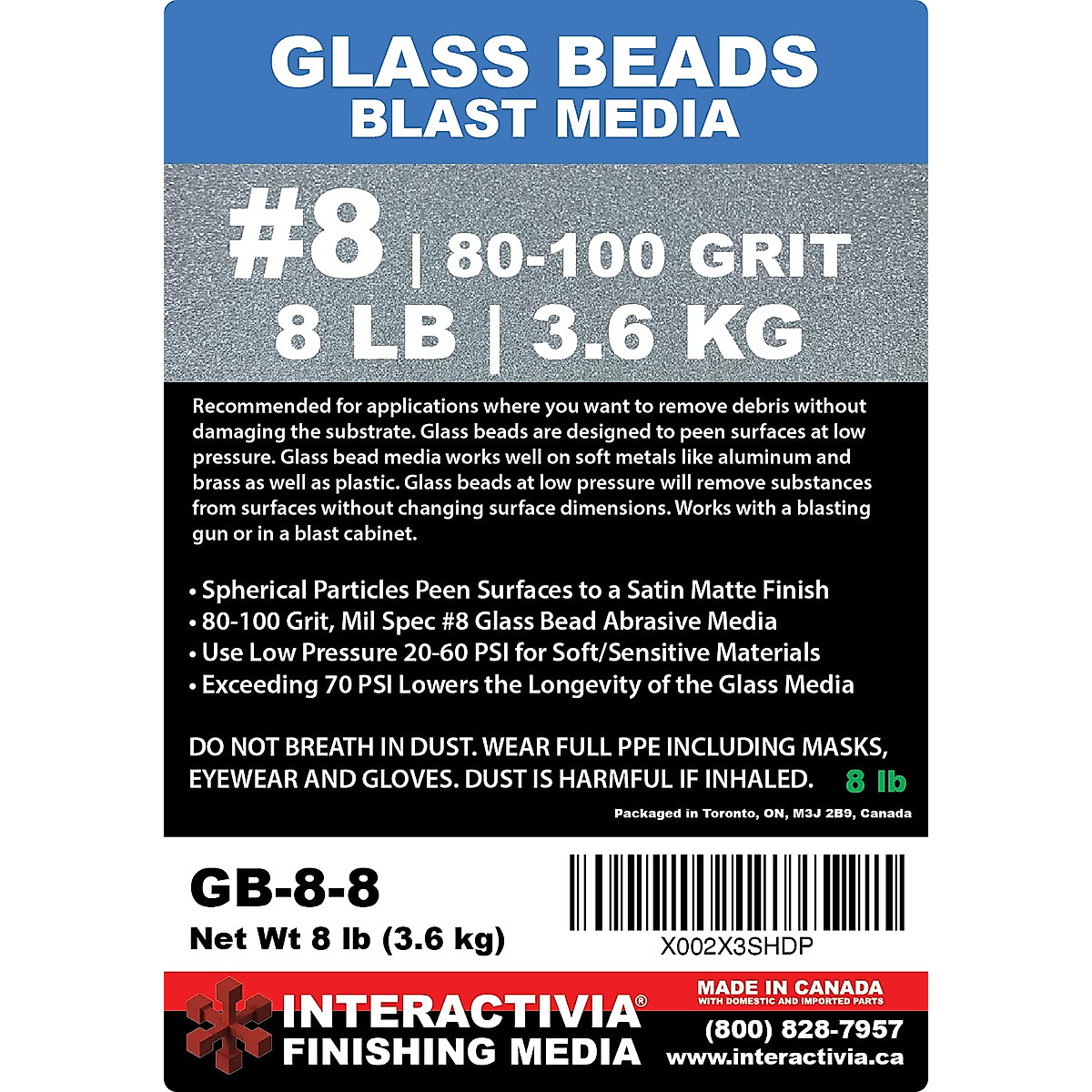 #8 Glass Beads - 8 lb or 3.6 kg - Blasting Abrasive Media (Fine) 80-100 Mesh or Grit - Spec No 8 for Blast Cabinets Or Sand Blasting Guns - Small Beads for Cleaning and Finishing