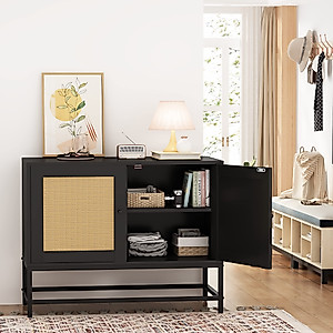 AWQM Buffet Cabinet with Storage, Set of 2, Rattan Buffet Cabinet with 2 Doors, Adjustable Shelves and Sturdy Metal Frame, Modern Accent Sideboard Cabinet for Kitchen, Dining Room, Living Room - Black