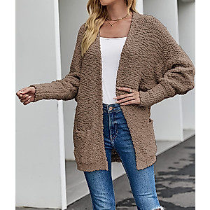 MEROKEETY Women's 2025 Winter Fuzzy Popcorn Batwing Sleeve Cardigan Knit Oversized Sherpa Sweater Coat, Mocha, Small