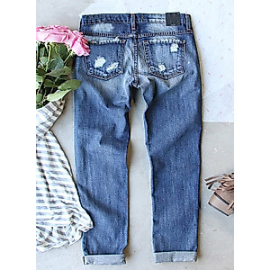 EVALESS Ripped Jeans for Women Boyfriend Distressed Patchwork Print Democracy Mom Jeans 2023 Fashion Wide Leg Losse Baggy Racing Denim Pants with Hole Blue Medium