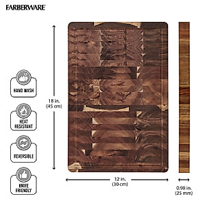 Farberware Thick End Grain Acacia Cutting Board with Juice Groove and Finger Grips, 12x18 Inch