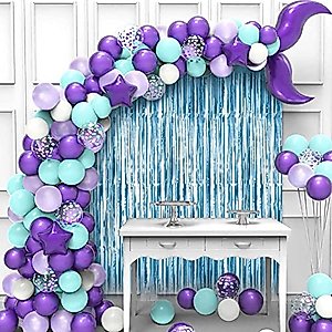 JOYYPOP Mermaid Balloon Garland Kit 121pcs with Mermaid Tail Foil Balloons, Light Blue Foil Fringe Curtain for Mermaid Ocean Theme Party Under The Sea Party Decorations(purple)