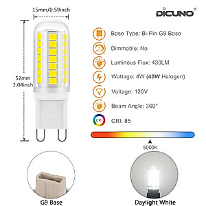 DiCUNO G9 LED Bulb Daylight White 5000K, 4W 40W Halogen Equivalent, Chandelier Light Bulbs T4 G9 Bi Pin Base, Non-dimmable 430LM Replacement for Bathroom Vanity Lights, Pendant Lighting, Pack of 6