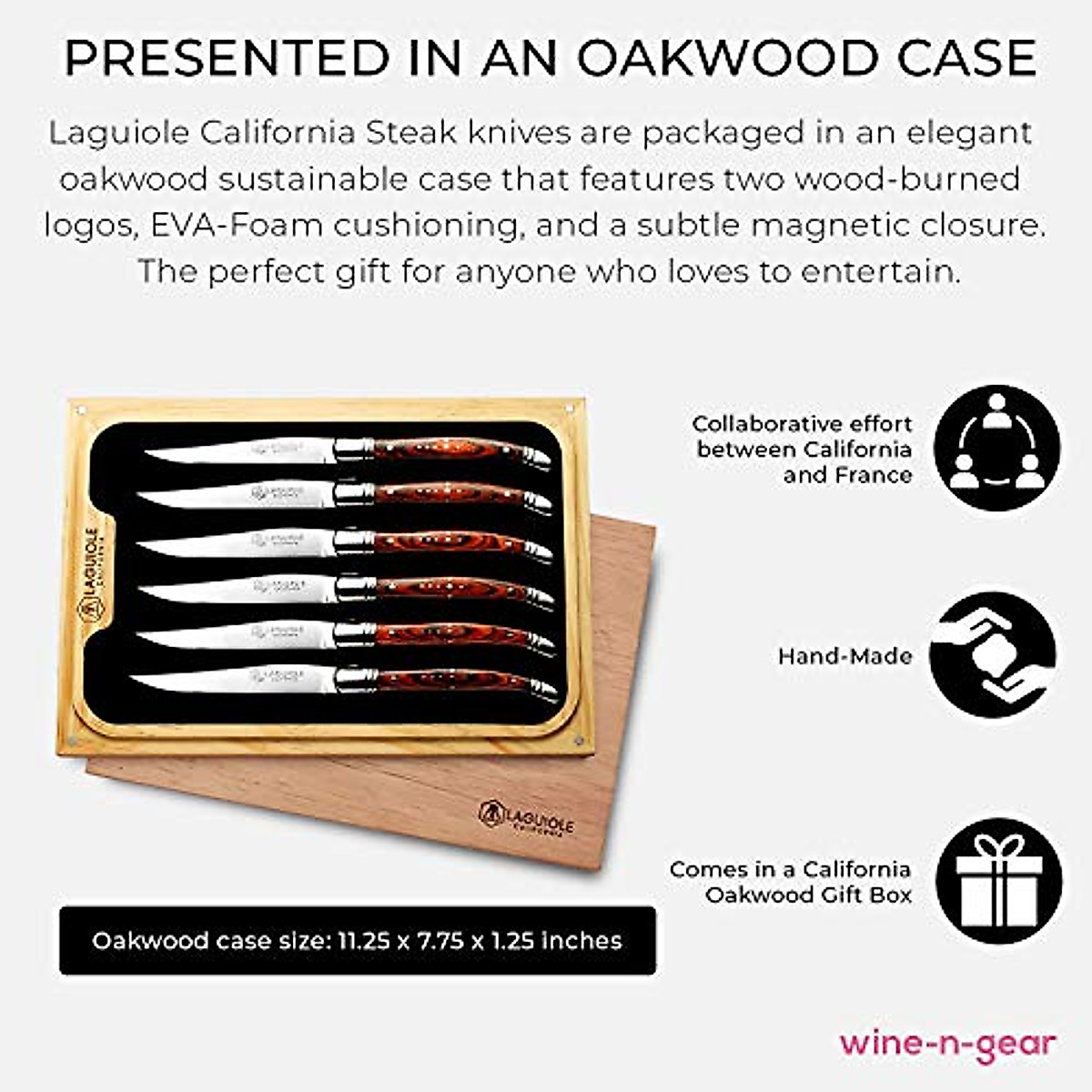 Laguiole California Steak Knives - 6 Piece Rosewood Set - Ergonomic Handles - Stored in a California Oakwood Gift Box - Extremely Sharp Straight Steel Blades are Thick Gauge, Full Tang