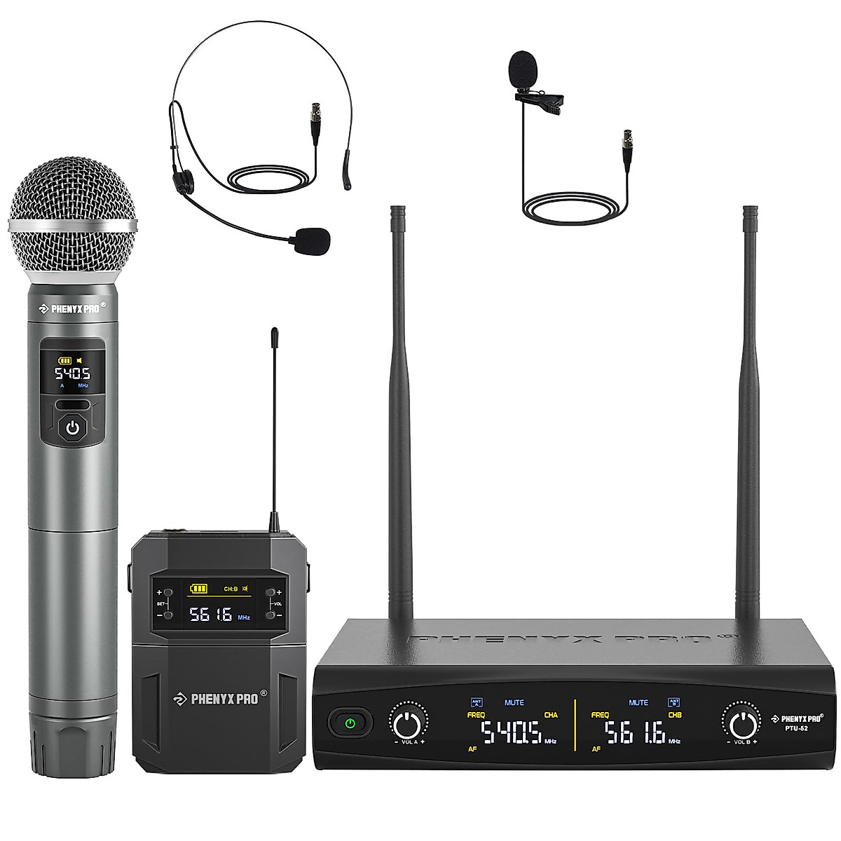 Phenyx Pro Wireless Microphone System,Metal Wireless Mic Set with Handheld Microphone/Bodypack/Headset/Lapel Mics,2 x 30 UHF Frequencies, Cordless Mic for Singing, Karaoke, Church, DJ(PTU-52-1H1B)