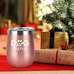 Dog Mom Gifts, Dog Mama Wine Tumbler with Lid, Dog Lover Gifts for Women, Dog Mom, Dog Owner, Friends, Funny Christmas Birthday Mothers Day Gifts, 12 Oz Insulated Stainless Steel Tumbler, Rose Gold
