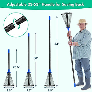 Garden Leaf Rake with Expandable Head from 9.5 inch to 17 inch, Collapsible Lawn Rake with Adjustable 53 Inch Splicing Handle, Heavy Duty Metal Rake for Lawn Yard, Flowers Beds and Roof