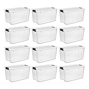 Sterilite 70 Qt Ultra Latch Box, Stackable Storage Bin with Latching Lid, Organize Clothes, Sport Gear in Basement, Clear with White Lid, 16-Pack