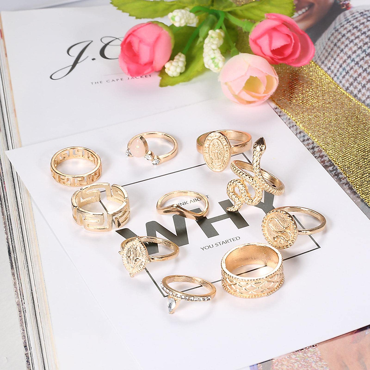 Zeshimb Boho Crystal Stackable Rings Vintage Snake Finger Rings Sparkling Rhinestone Knuckle Rings Gold Serpent Finger Rings Jewelry for Women and Girls