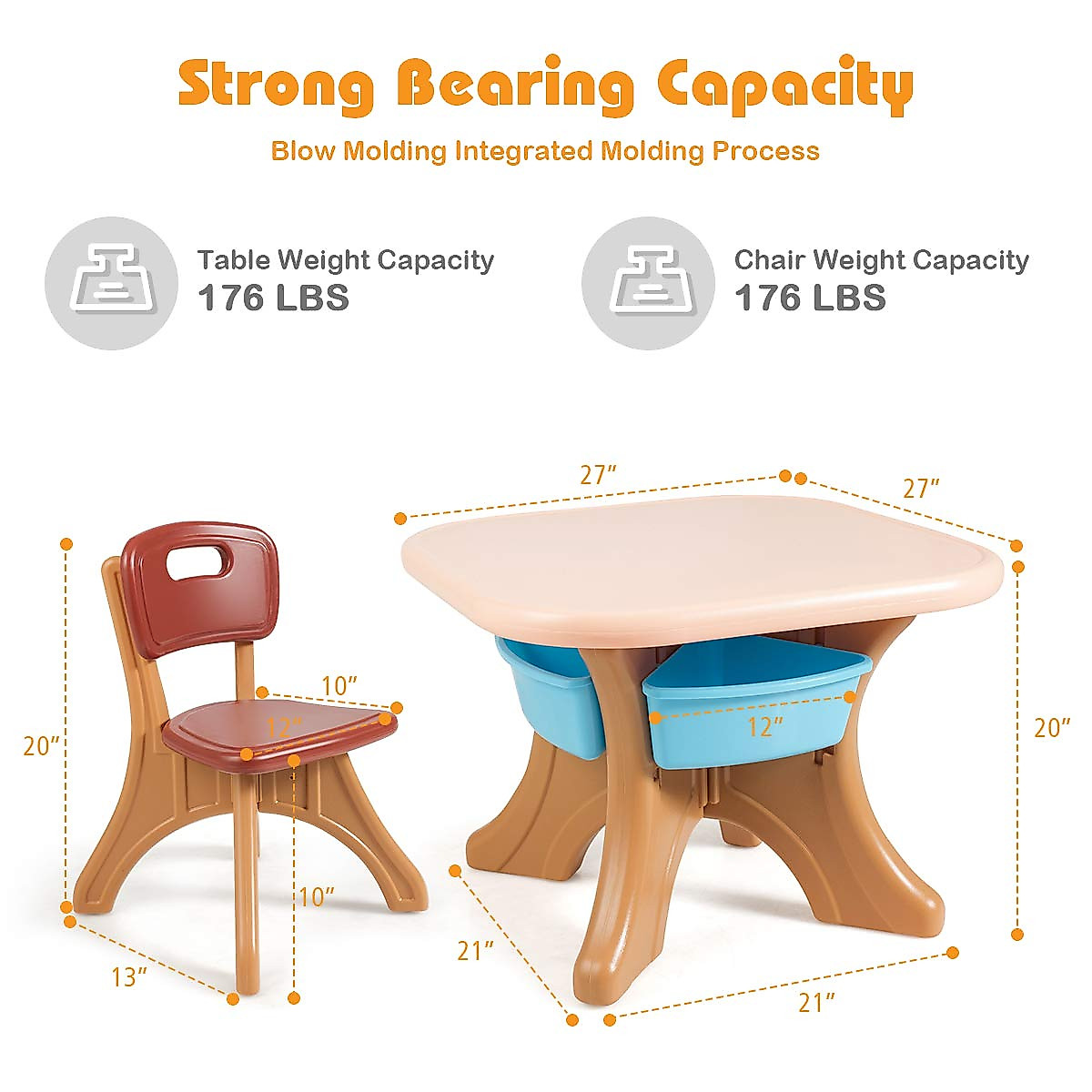 Costzon Kids Table and Chair Set, 3 Piece Activity Table w/Detachable Toy Storage Bin & 2 Chairs for Children Reading Art Craft, Strong Bearing Capacity, Lightweight, Toddler Table & Chair Set, Coffee