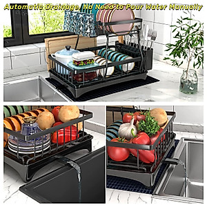 Godboat Dish Drying Rack, Dish Rack with Extra Drying Mat, 2-Tier Dish Racks for Kitchen Counter, Kitchen Gadgets with Drainboard & Utensil Hooks, Kitchen Organization & Decor, Gifts for Women & Men