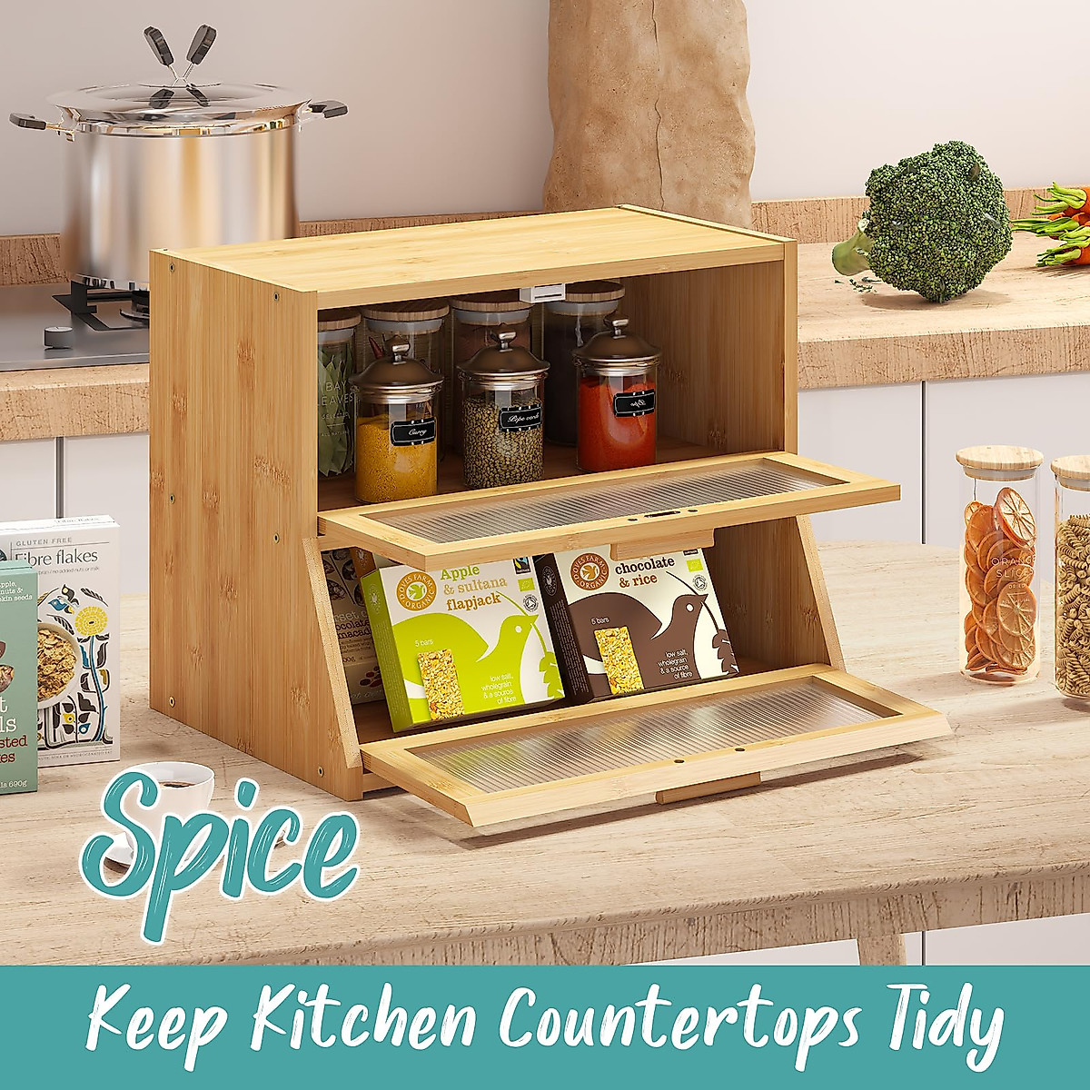 Vriccc Bread Box for Kitchen Counter, Large Bamboo Wooden Double Layer Large Capacity Bread Storage Bin with Acrylic Wavy Door Panel (Natural)