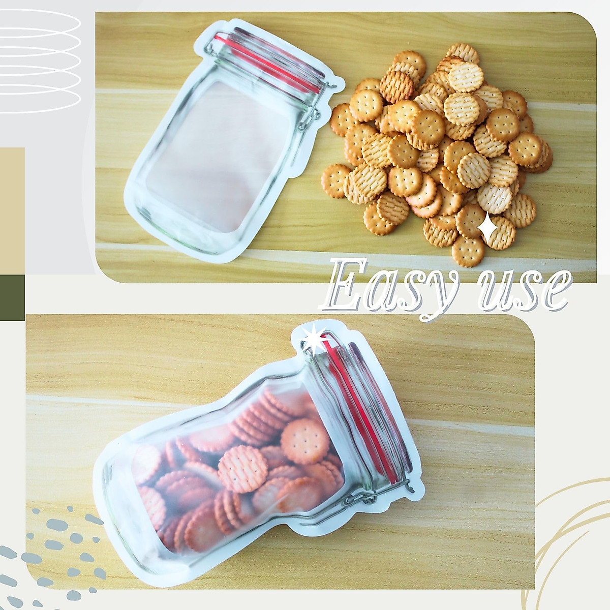 laffeya 30pcs Mason Jar Bags, Portable Christmas Cookies Nut Candies Saver Storage Bags, Reusable Snack Storage Bags, Candy Zipper Sealed Bags