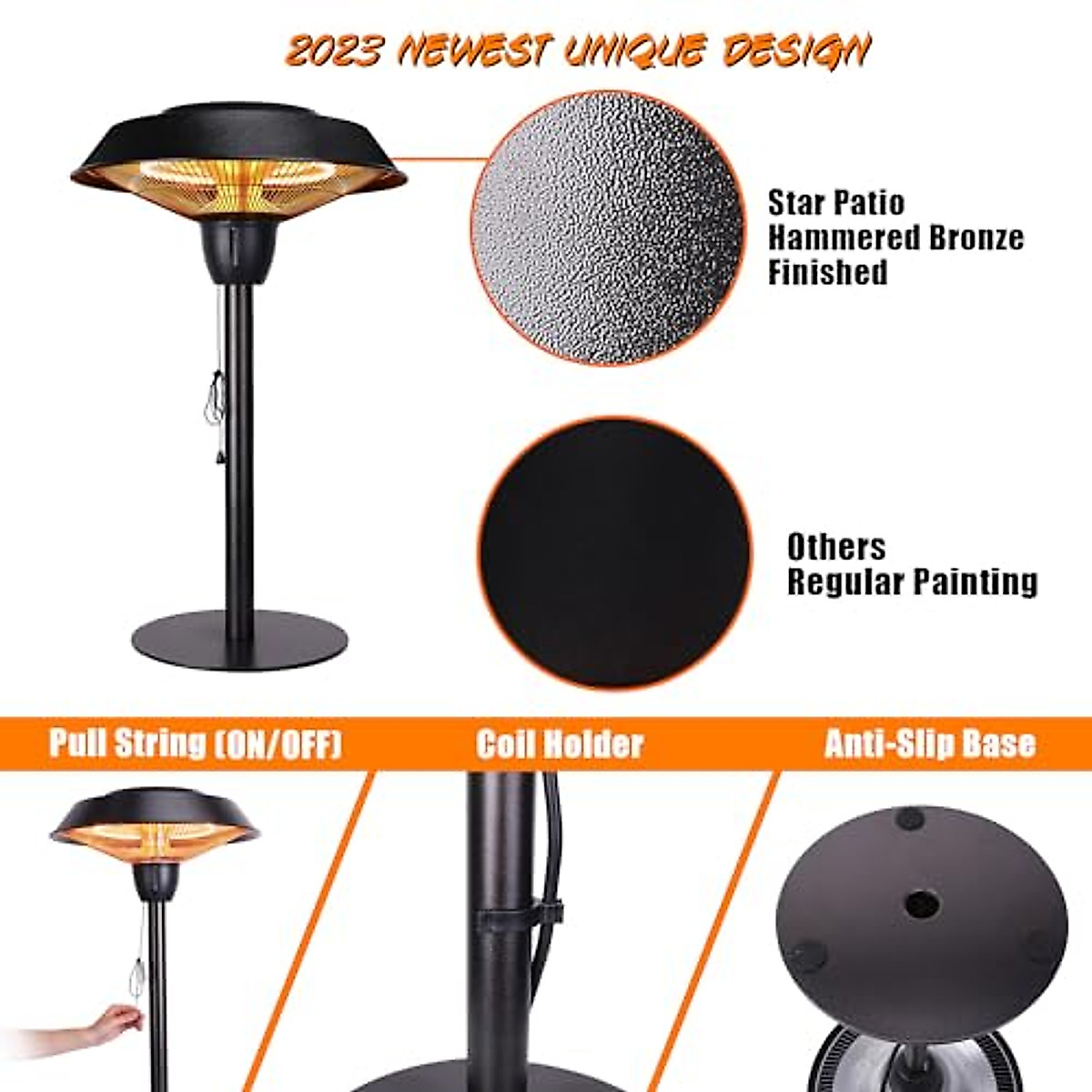 Star Patio Outdoor Freestanding Electric Patio Heater, Tabletop heater, Infrared Heater, Hammered Bronze Finished, Portable Heater suitable as a Balcony Heater, 1566-CT