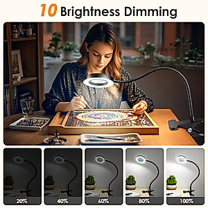 Magnifying Glass with Light 5X, 9w Clip on Light, 48 LED Desk Lamp wtih Clamp Light, 3 Modes Dimmable Magnifying Lamp, LED Desk Light, Clamp Lamp, Clip on Lamps for Bed Desk Work Crafts Workbench