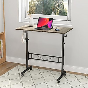 SIDUCAL Mobile Stand Up Desk, Adjustable Laptop Desk with Wheels Storage Desk Home Office Workstation, Rolling Table Laptop Cart for Standing or Sitting, Rustic Gray