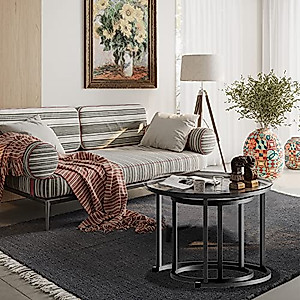 aboxoo Black Nesting Coffee Glass Table Set of 2, Metal Freme Side End Tables for Living Room Bedroom for Apartment Small Place Modern Industrial Simple, 23.6D x 23.6W x 17.7H in