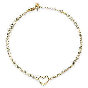 Gold Ankle Bracelets for Women-14k Real Yellow Solid Gold Double Strand Heart 9 Inch Plus 1 Adjustable Chain Size Extender Love Anklet Ankle Beach Bracelet Fine Foot Jewelry Gifts For Her