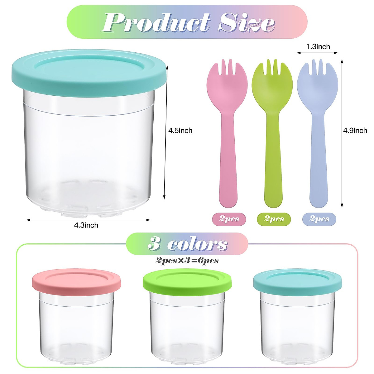 6 Pack Replacement Pint and Lid with Fork, SPOKKI Pint Containers with Silicone Lids, Compatible with Ninja Creami NC301 NC300s NC299AMZ Series, Airtight & Dishwasher Safe