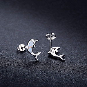 925 Sterling Silver Synthetic Opal Earrings Studs Hypoallergenic Dolphin Earrings Cute Birthday Gift for Her