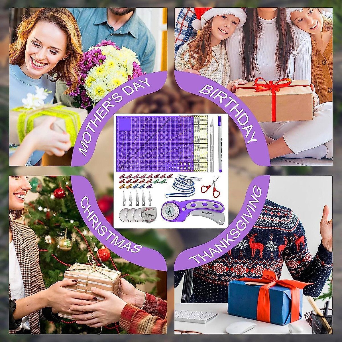 Rotary Cutter Set, 38PCS 45mm Rotary Fabric Cutter Wheel Set, Fabric Cutter Wheel, Quilting Rotary Cutters Rolling Fabric Cutter Wheel and A3 Mat, Rotary Rolling Cutter For Sewing, Quilting(Purple)