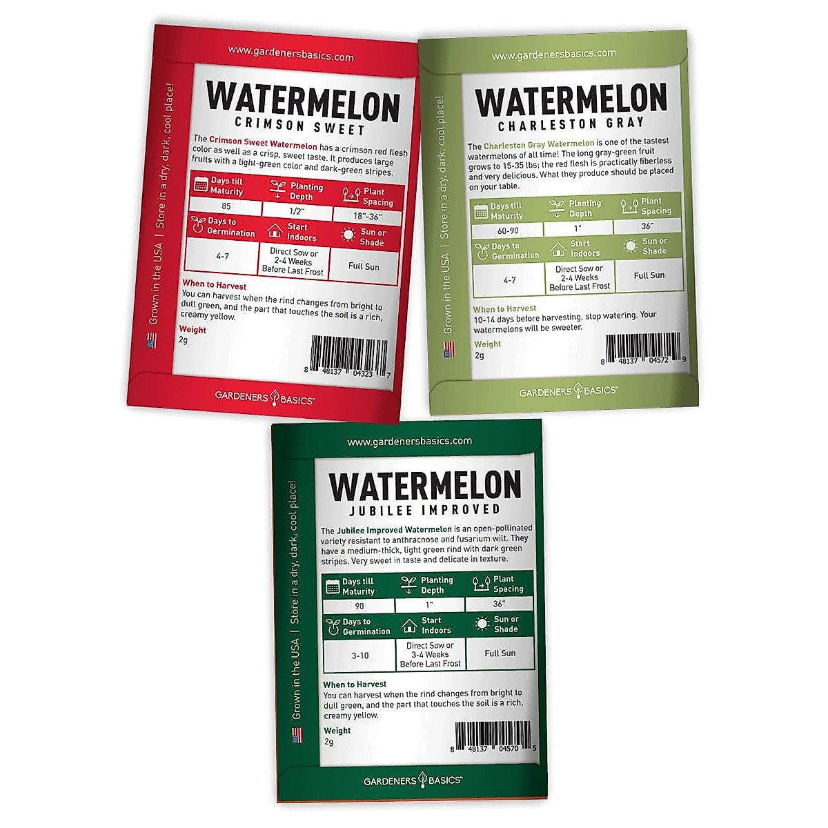 Watermelon Fruit Seeds for Planting Home Garden 5 Variety Packets - Crimson Sweet, Jubilee Improved, Tendersweet Orange, Charleston Grey, and All Sweet Watermelon Seed Packs by Gardeners Basics
