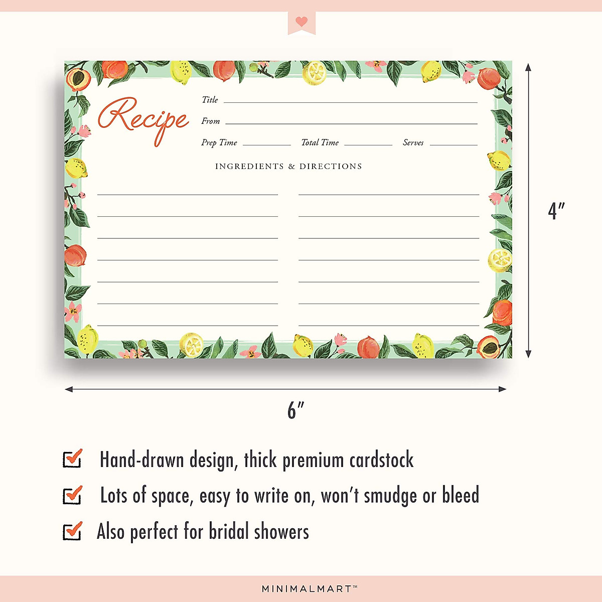 Minimalmart Lemon & Peach Recipe Cards 4" x 6" Recipe Cards- Thick Premium Card Stock With Kraft Paper Look | Ideal For Recipe Box Or Binder | Lots Of Space & Easy To Write On | Set Of 50