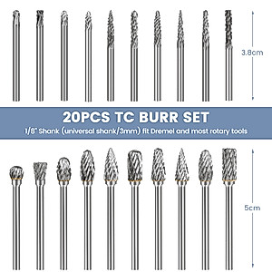 THEKBS Carbide Burr Set Die Grinder Bits Rotary Tool Bits 1/8" Shank 20 Pcs Double Cut Compatible with Dremel for Wood Carving Metal Working Polishing Engraving Drilling