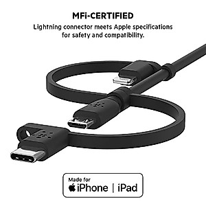 Belkin 3-in-1 Universal USB-A Cable - USB-C Cable, Lightning Cable, Micro-USB Charging Cable - Charging Cord Boost Charge Charger Designed for Apple iPhones & iPads, Galaxy, Tablet, Smartphone - Black