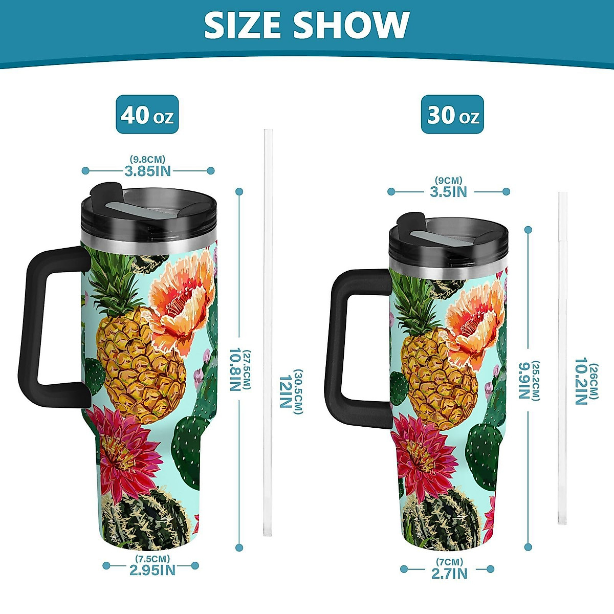 Yasala Car Tumbler with Handle Cactus Pineapple Travel Mug Coffee Cup Insulated Beverage Container Mega Cup for Hot Cold Drinking Thermos Water Bottle Cupholder Friendly 40 oz