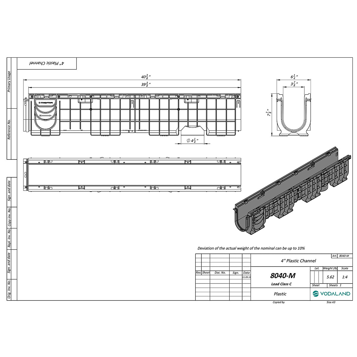 Vodaland - 4 inch Trench Drain cast Iron Package Slotted 8" Depth - PC8040