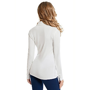 AmélieBoutik Women Collar V Neck Long Sleeve Polo Shirt (Ivory White Medium)