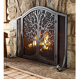 Plow & Hearth Metal Fireplace Screen Tree of Life Black | 38" W x 31" H | Flatguard | Spark Guard Grate | Iron Fire Place Cover | Wood Stove Accessories