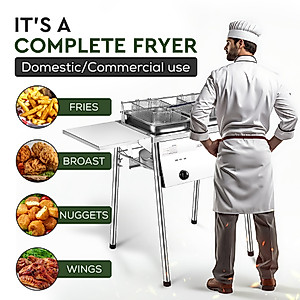 Bioexcel Two Tank Outdoor Deep Fryer with Thermometer Fish Fryer, CSA Certified Propane Deep Fryer with 2 Stainless Steel Baskets and Lids Gas Deep Fryer with Adjustable Temperature Regulator