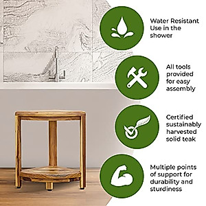 EcoDecors Teak Shower Corner Shelf Shaving Foot Rest With Storage Shelf 18" Tall Natural EarthyTeak Rustic Finish